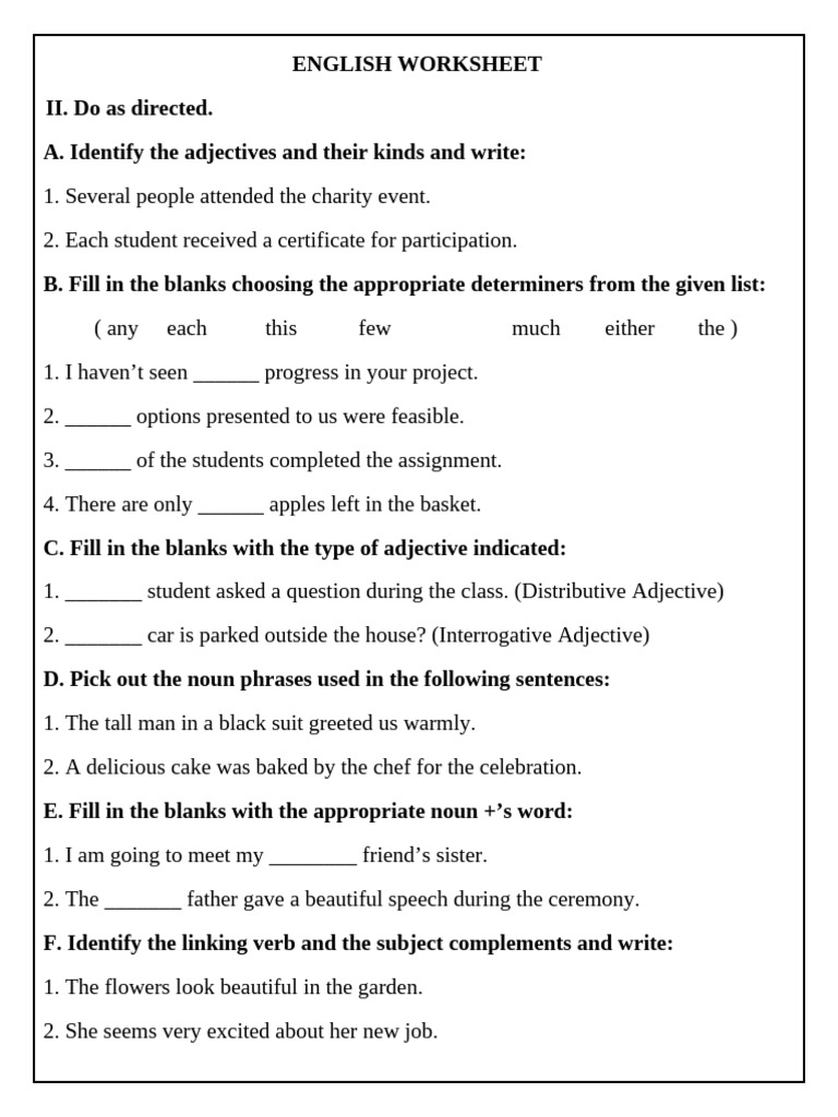 English Adjectives and Noun Phrases Worksheet | PDF