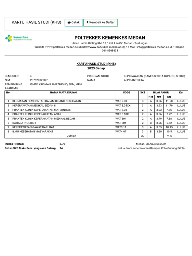 Kartu Hasil Studi (KHS) | PDF