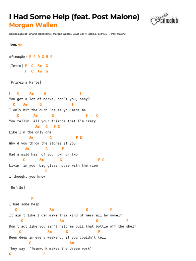 Cifra Club - Morgan Wallen - I Had Some Help (Feat. Post Malone) | PDF