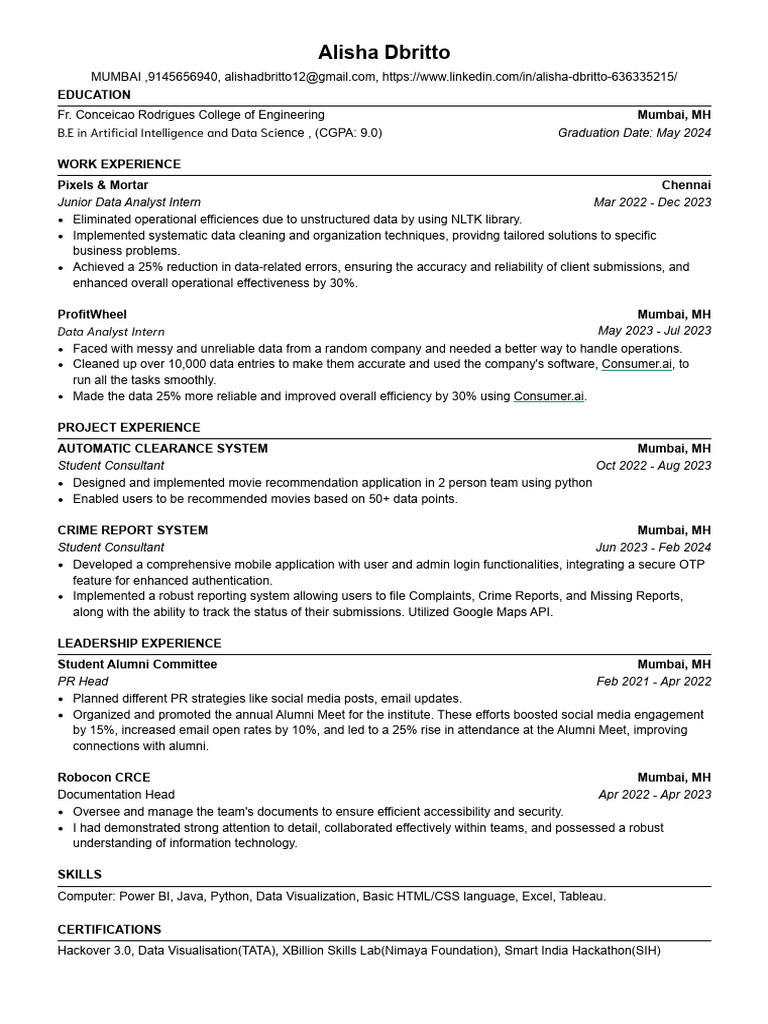 Alisha - Resume - Alisha Dbritto | PDF