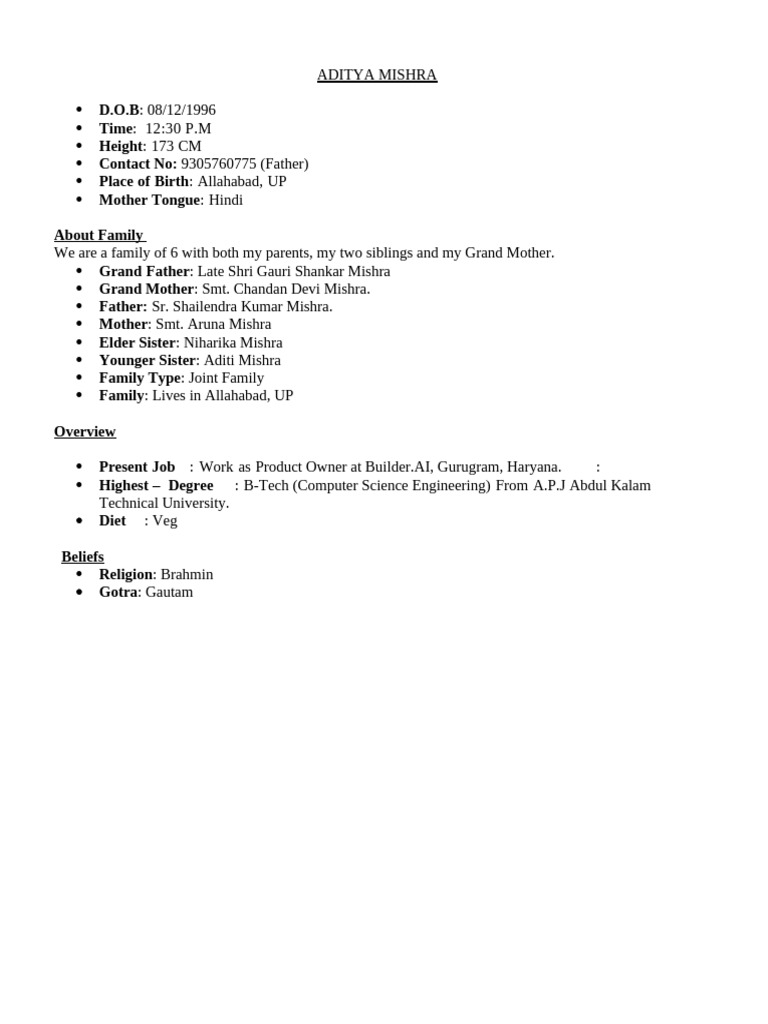 Aditya Mishra (BIODATA) | PDF Aditya Mishra (BIODATA) | PDF