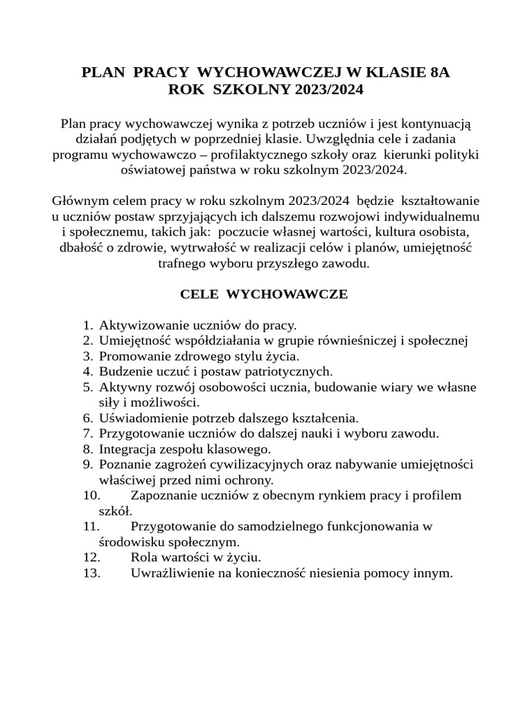 Klasa 8a Plan Wychowawczy | PDF