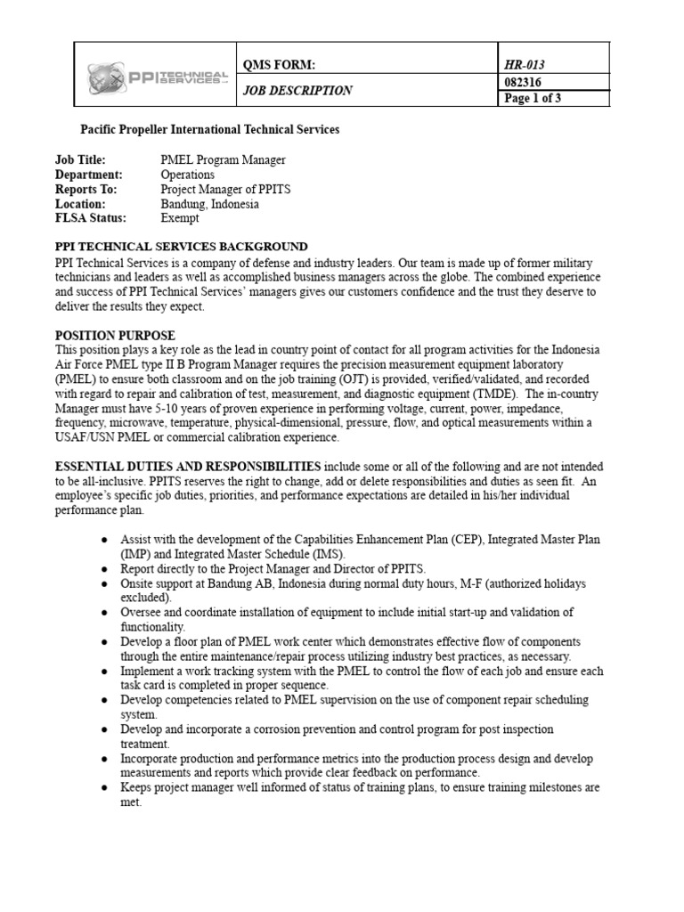 IAF PMEL Manager Job Description 24.07.10 | PDF | Employment | Calibration