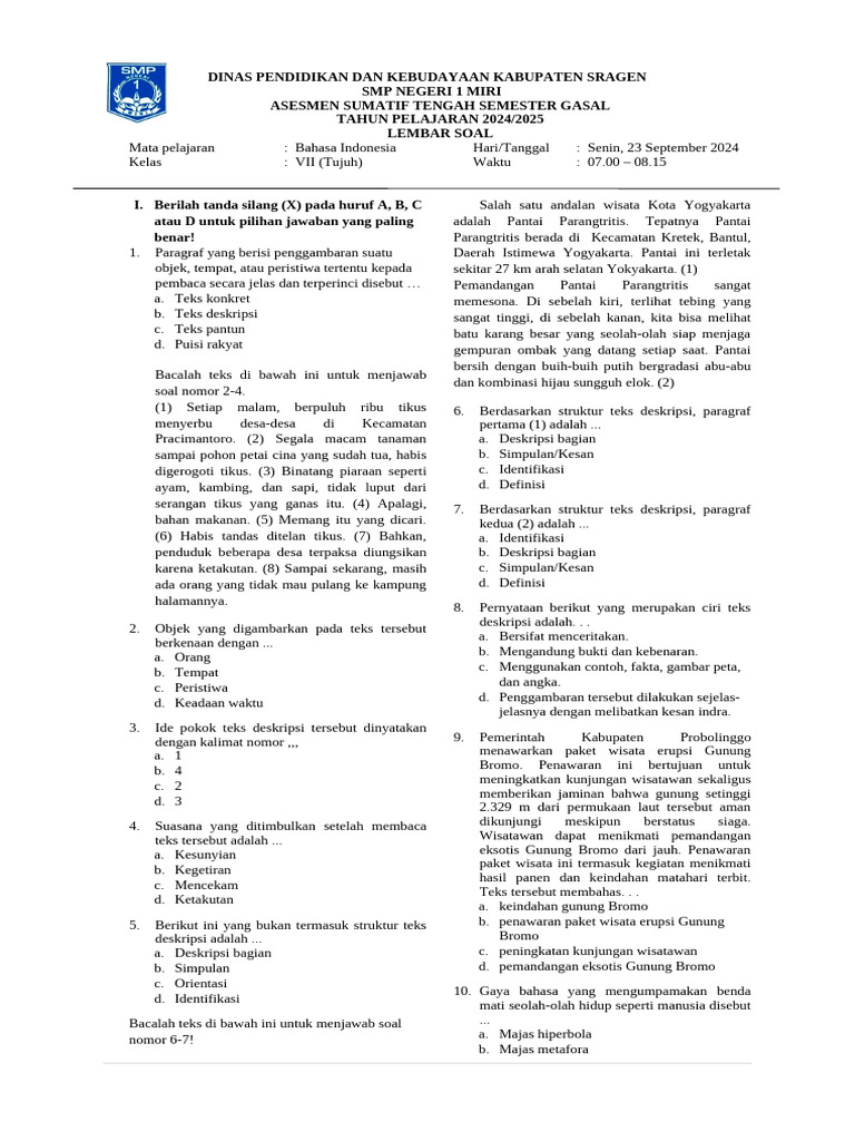 Soal Pts Kelas Vii Gasal 2024 | PDF