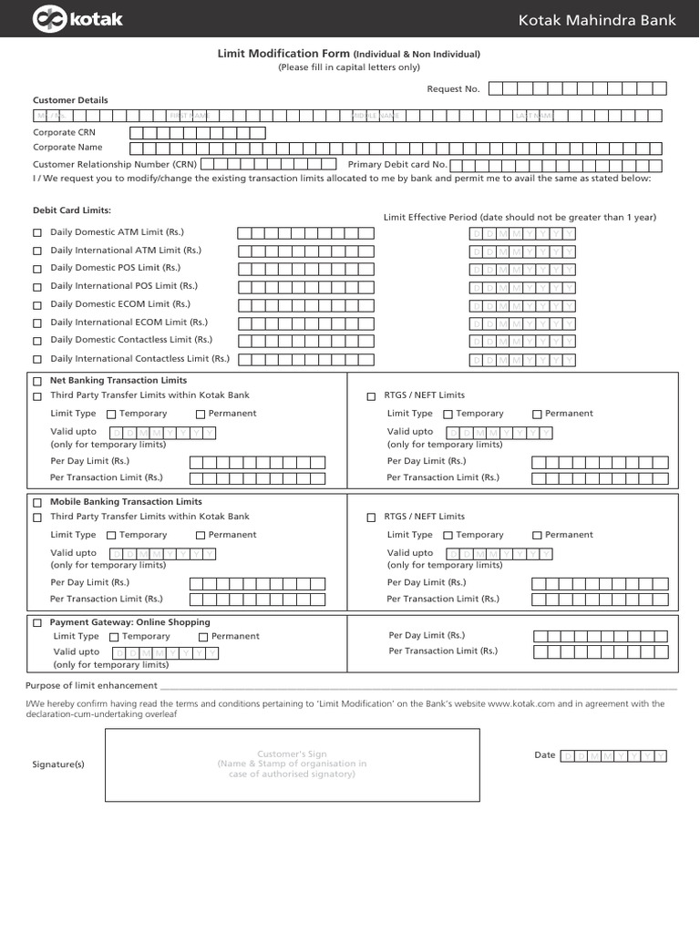 Limit Modification Form Individual Non Individual | PDF