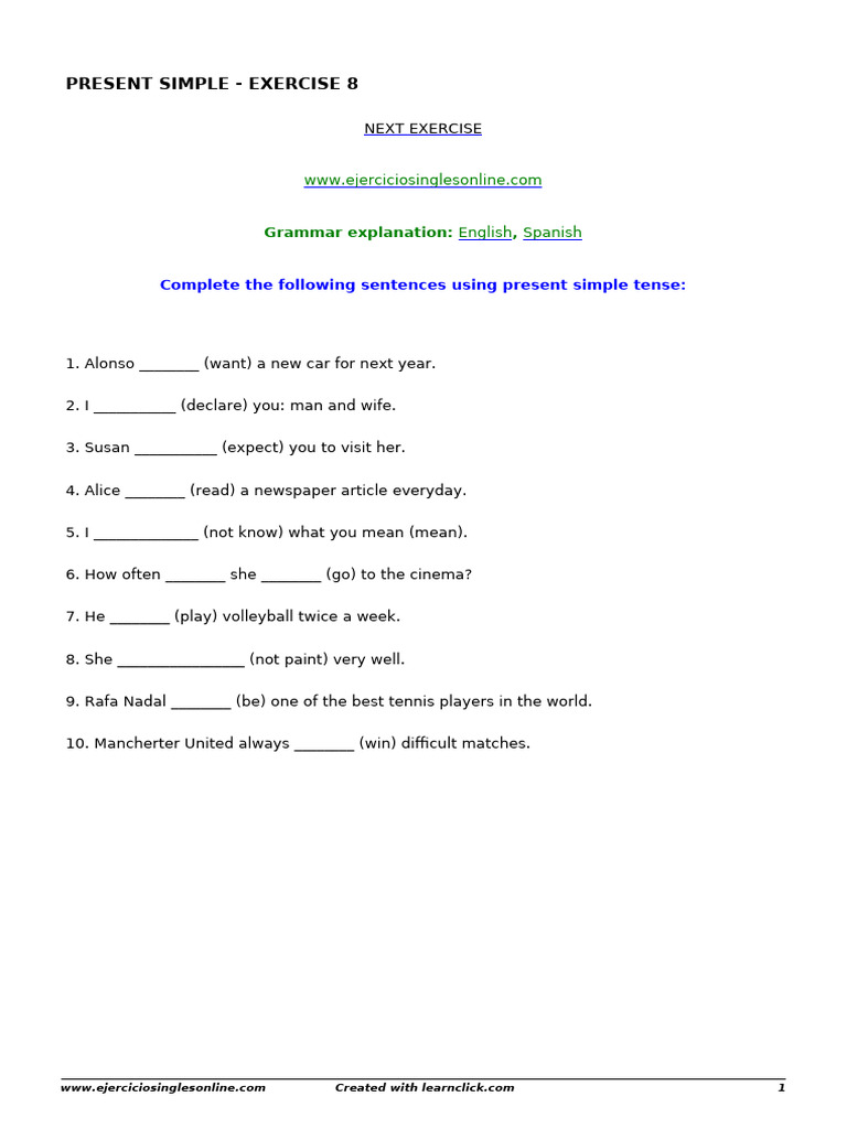 Presente Simple - Ejercicio 8 | PDF