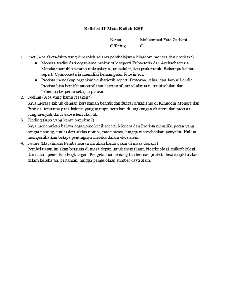 Muhammad Faiq Zarkoni - Refleksi 4F Mata Kuliah KHP | PDF