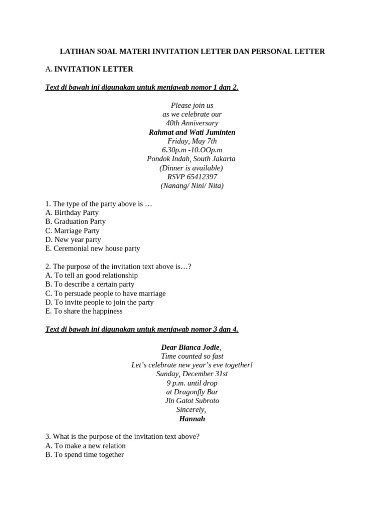 Soal Materi Invitation Letter Dan Personal Letter | PDF