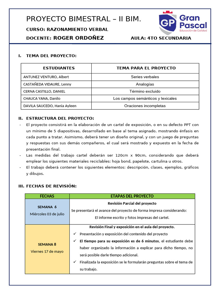 4TO SEC - PROYECTO BIMESTRAL 2024 (2) RV | PDF