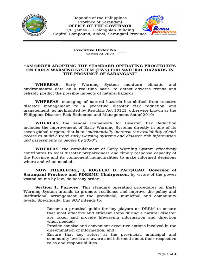 Executive Order - SOP On EWS | PDF | Disaster Risk Reduction | Risk Management