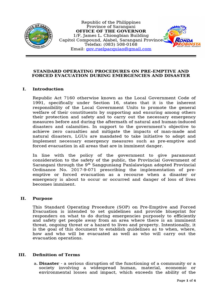 SOP for Pre-Emptive Evacuation Guidelines | PDF | Emergency Evacuation ...