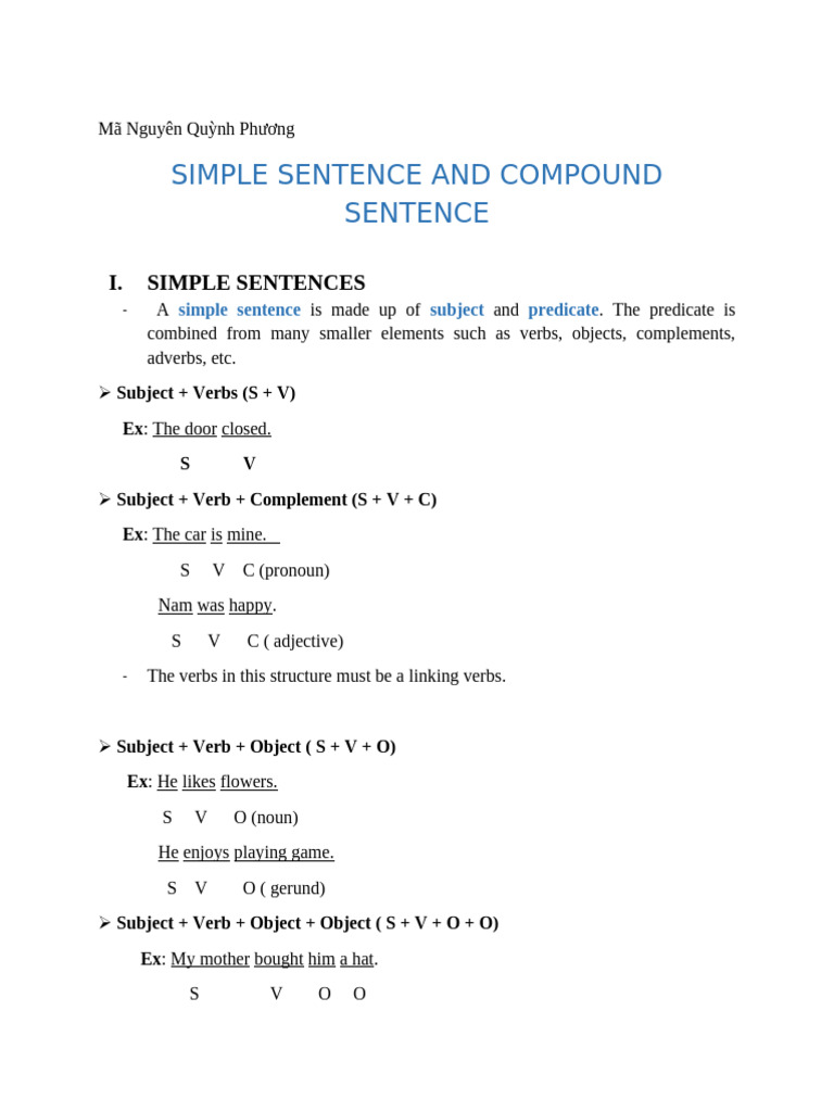 SIMPLE SENTENCE AND COMPOUND SENTENCE - Mã Nguyên Qu NH Phương | PDF