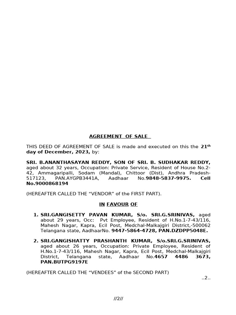 AGREEMENT OF SALE SRI - GANGISETTY PAVAN KUMAR, So. SRI.G.SRINIVAS 22-12-2023 | PDF