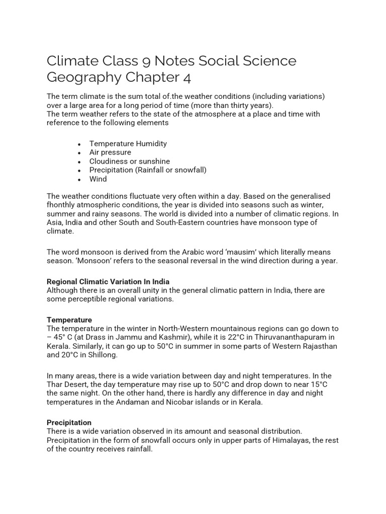Climate Chapter 4 Notes Solutions Extra Questions | PDF