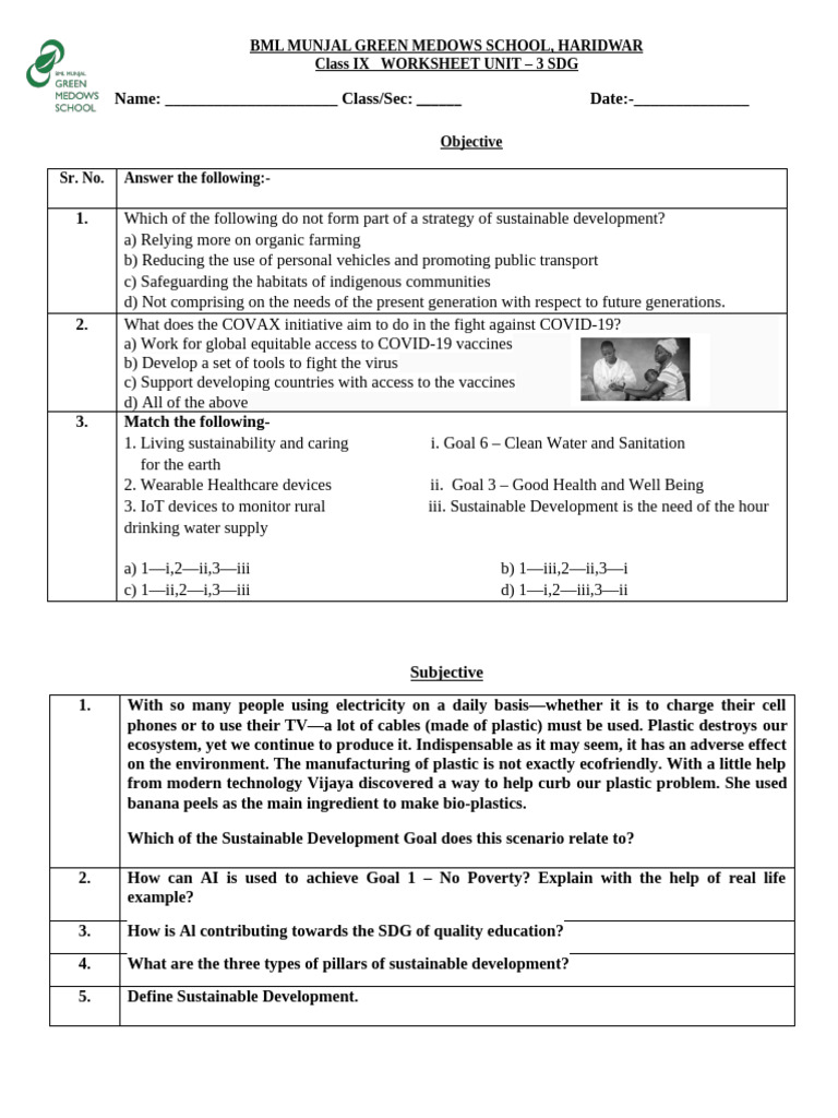 Worksheet Unit - 3 SDG | PDF