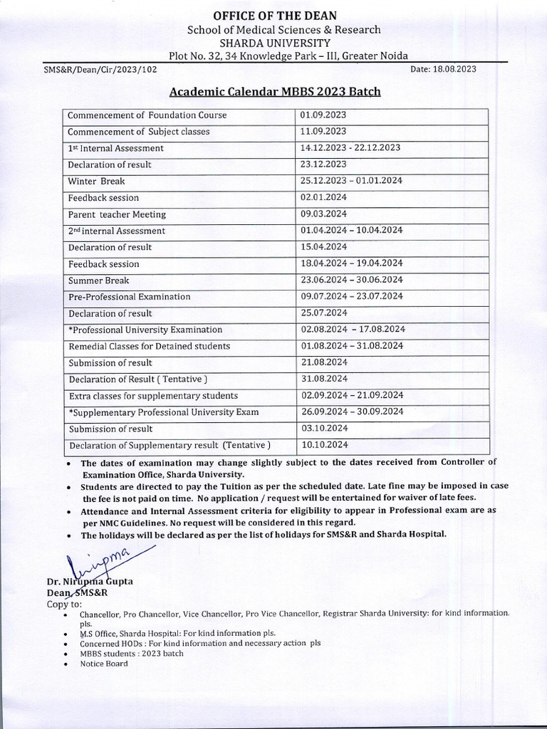 Academic Calender of MBBS Students Batch 2023 | PDF