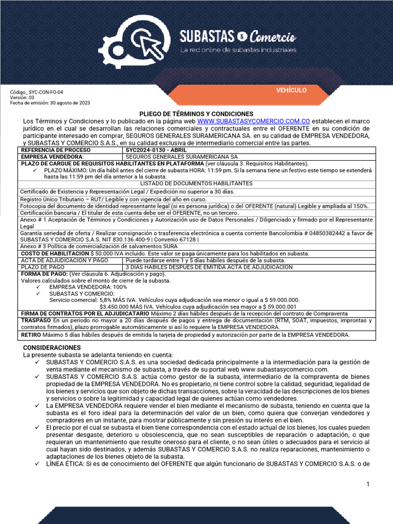 4 Syc Con Fo 04 Pliego Tipo Veh Culos Sura Salvamentos Syc2024 0130 Abierta | PDF