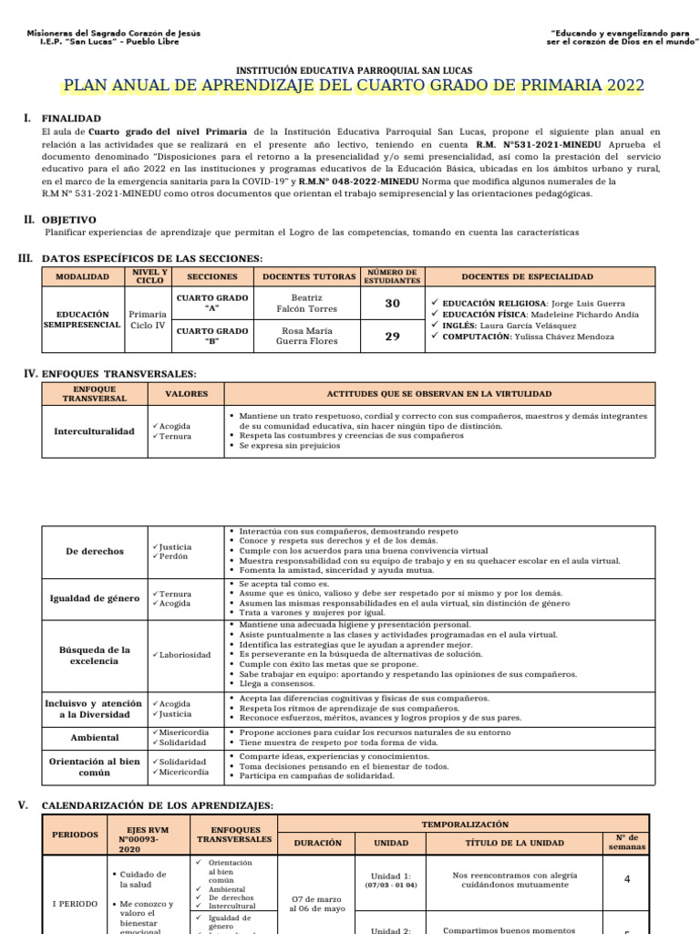 Plan Anual Cuarto Grado-2022 | PDF