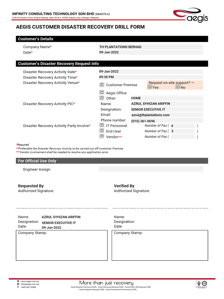 AEGIS Customer Disaster Recovery Drill Form v6 (Edited - Digital Fill ...