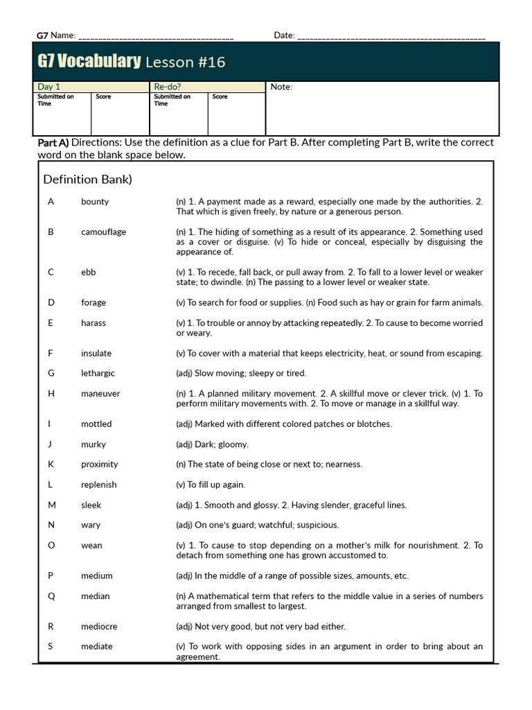 G7 Vocabulary Lesson 16 Day 1 - STUDENT | PDF