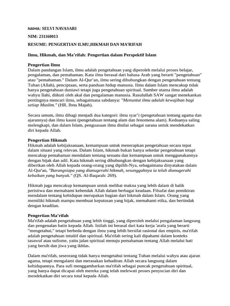 EPI (Pengertian Ilmu, Hikmah, Dan Ma'rifah) Selvi | PDF