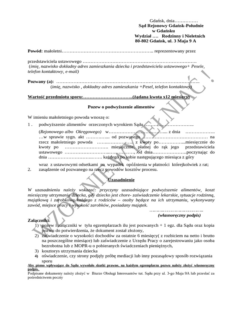 Pozew o Podwyzszenie Alimentow | PDF