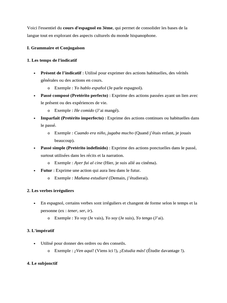 L'essentiel Du Cours D'espagnol 3eme | PDF
