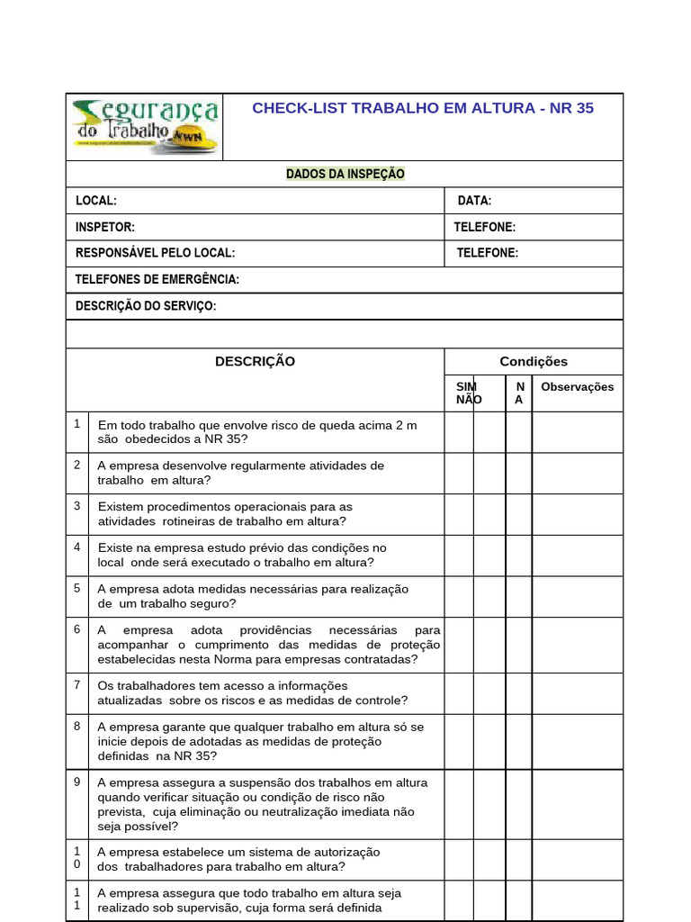 Check-list-Trabalho-em-altura-NR-35 | PDF