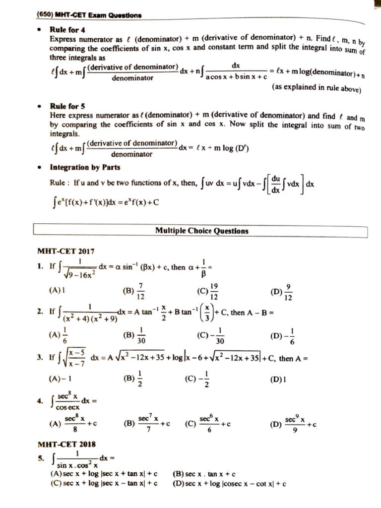 Indefinite Integration CET PYQS | PDF