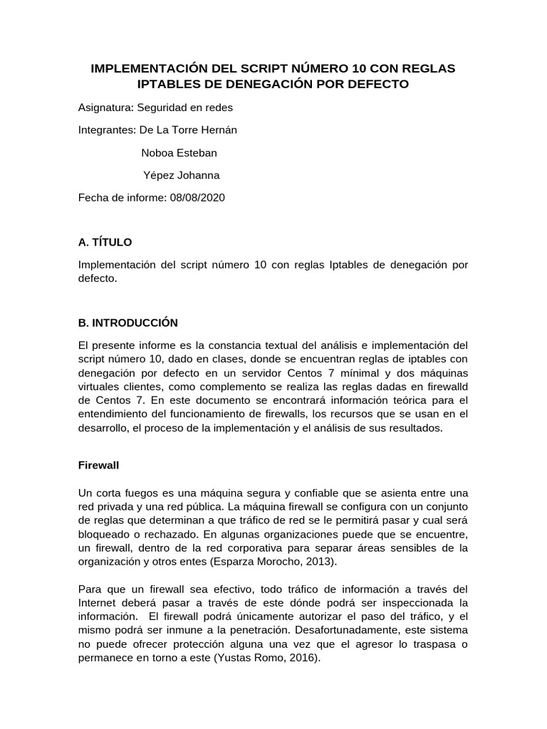 Grupo 4 - Implementación Del Script Número 10 Con Reglas Iptables de Denegación Por Defecto | PDF
