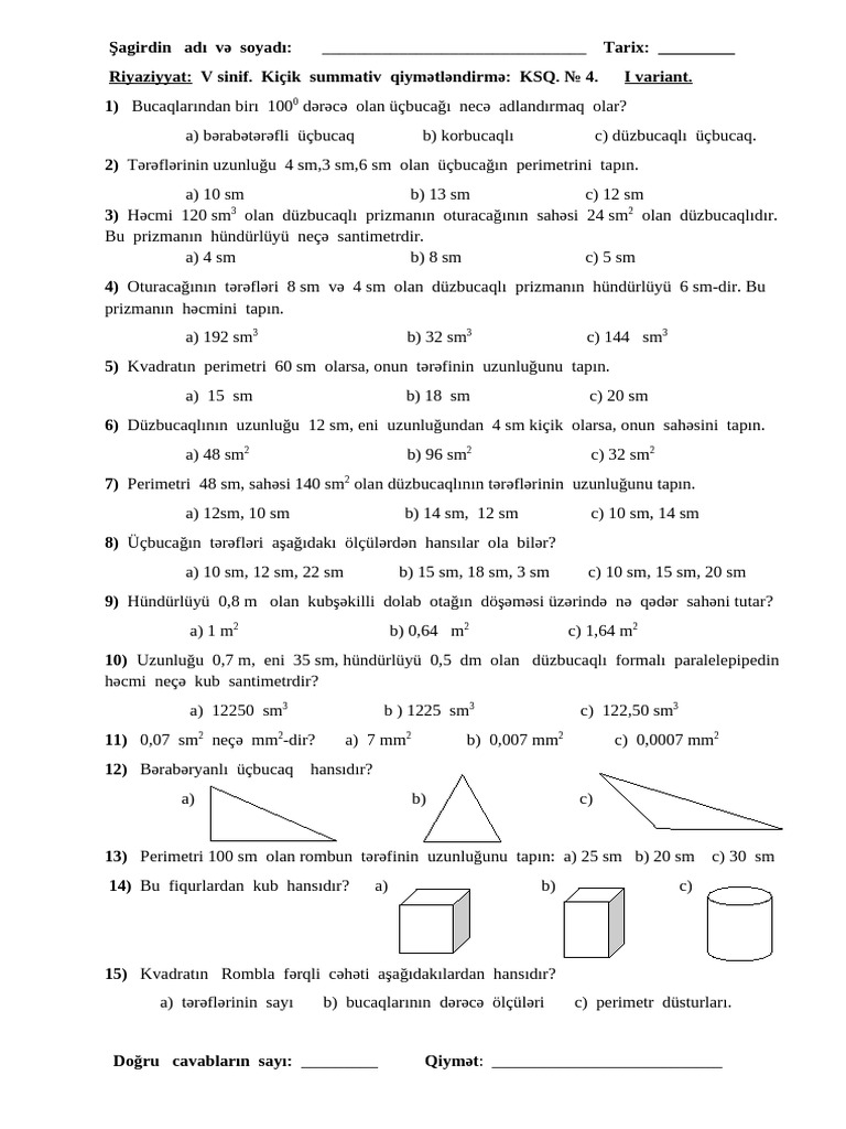5-Ci Sinif Riyaziyyat KSQ 4 | PDF