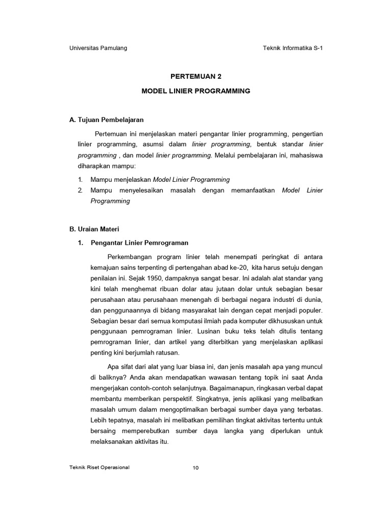 TPL0462 - Pertemuan Ke-2 - Model Linier Programming | PDF | Business | Technology & Engineering