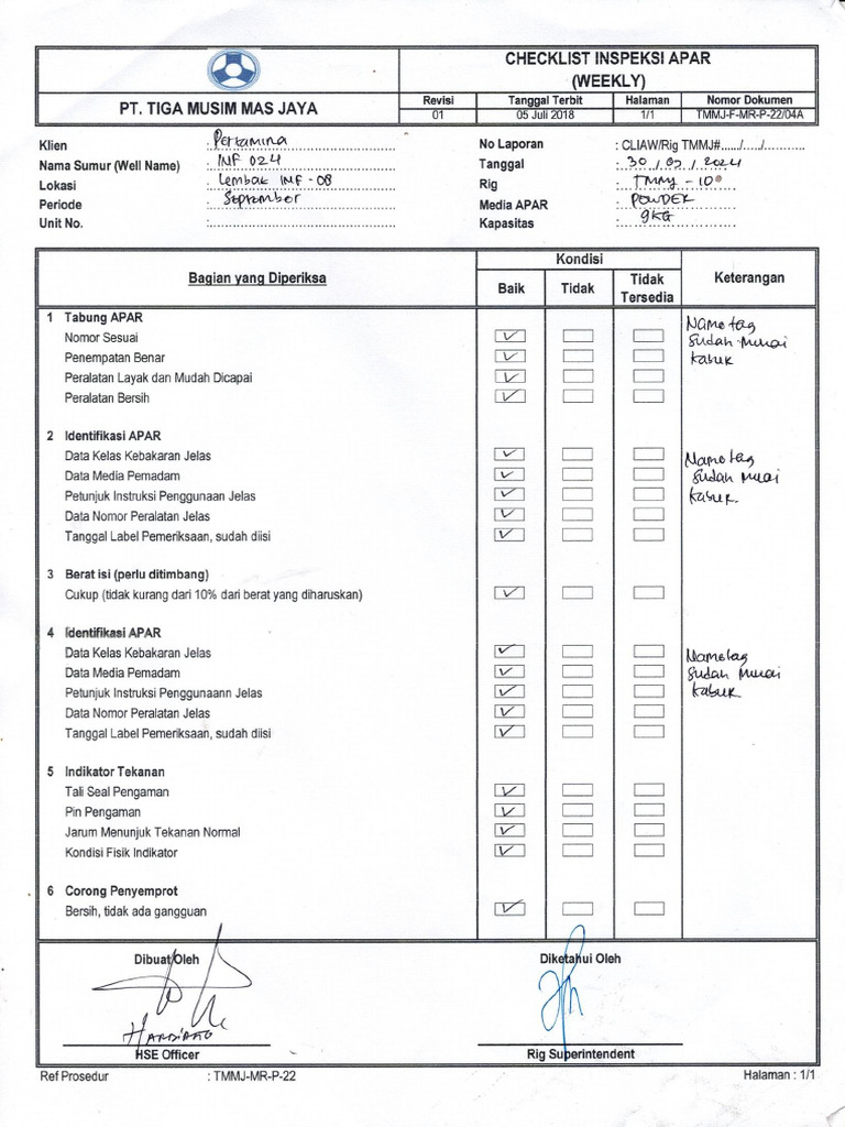 Checklist Inspeksi Apar 30-Sep-2024 | PDF