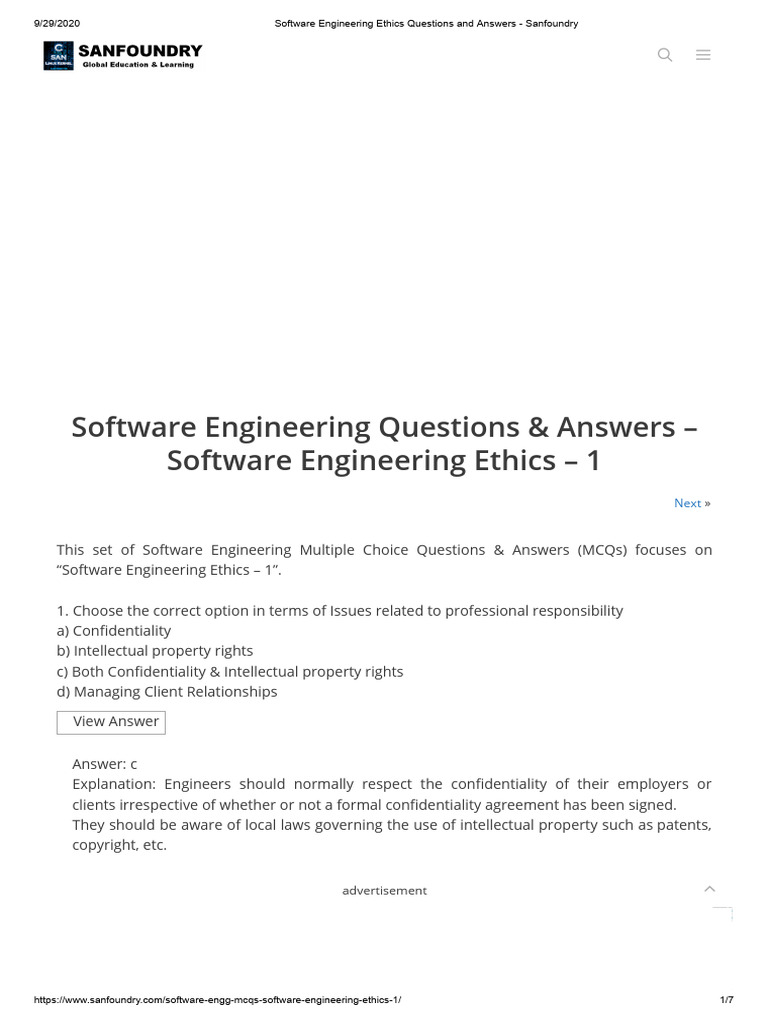 Software Engineering Ethics Questions and Answers - Sanfoundry | PDF