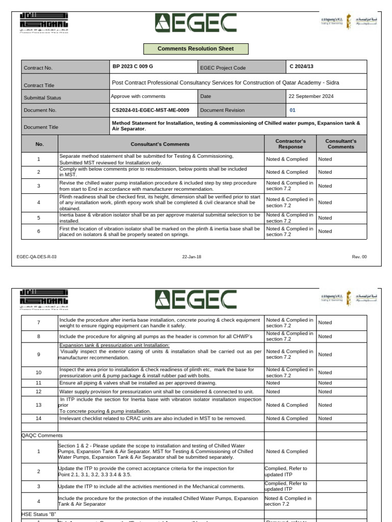 CS2024-01-EGEC-MST-ME-0009-Rev0 - CHWP, EXP, AR - CRS | PDF