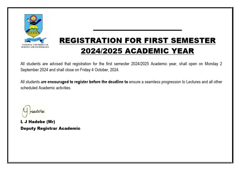 NOTICE To STUDENTS - Registration 2024-2025 First Semester | PDF