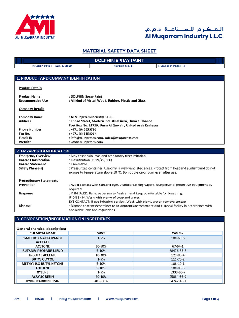 DOLPHIN Spray Paint Regular MSDS | PDF | Personal Protective Equipment ...
