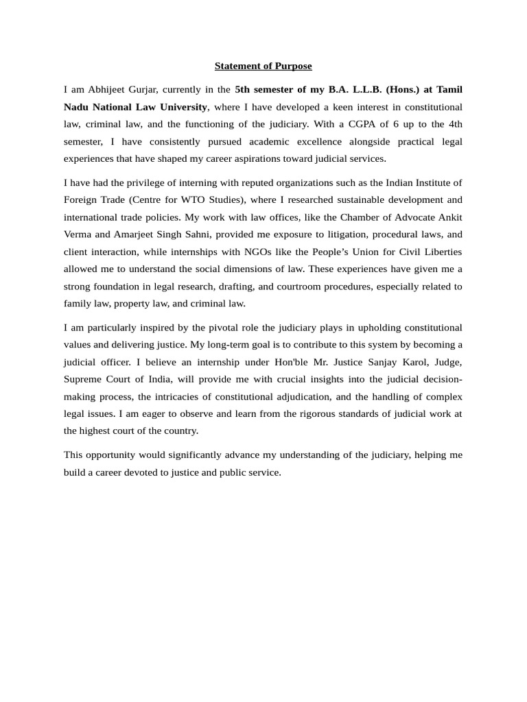 Statement of Purpose 5th Semester of My B.A. L.L.B. (Hons.) at Tamil ...