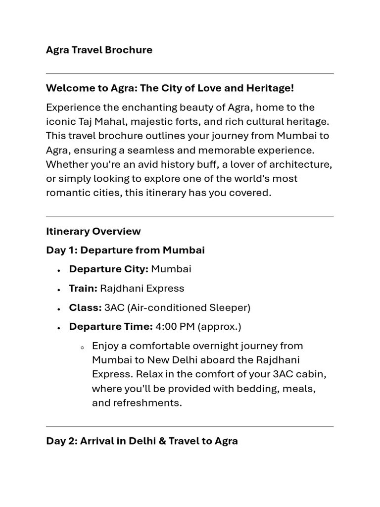 Agra Travel Brochure - English literature | PDF
