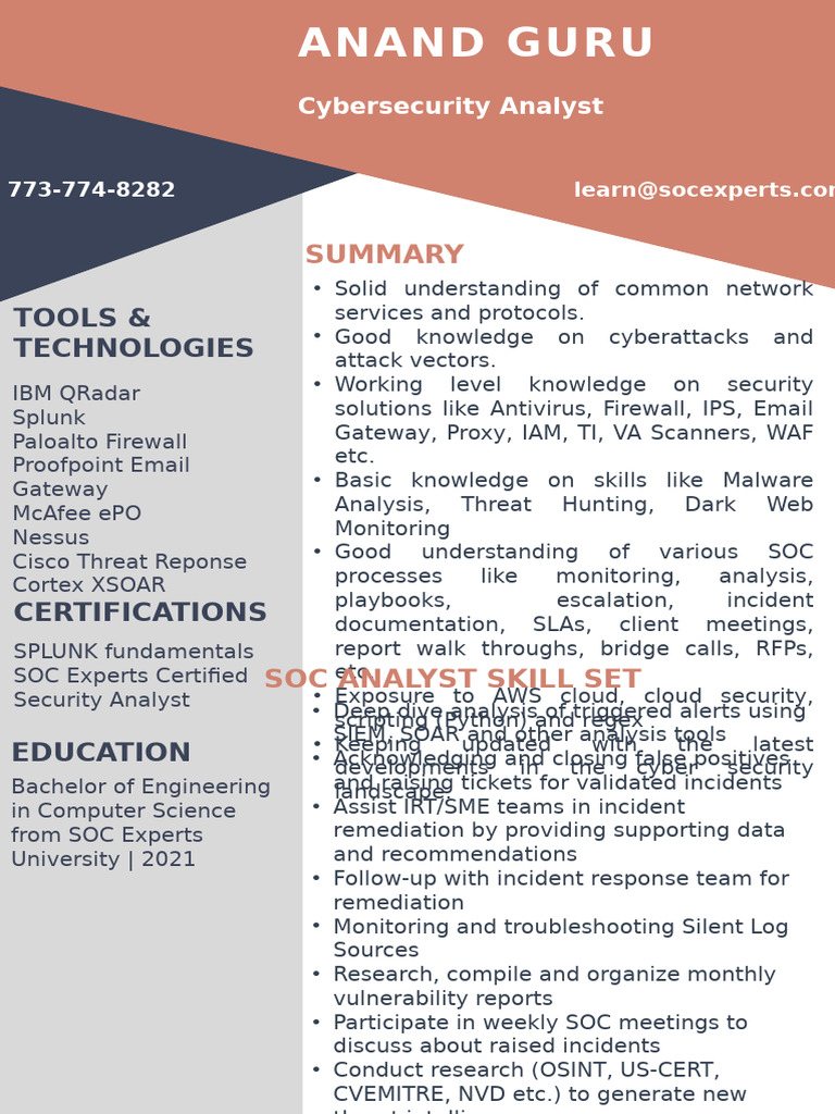 SOC Experts CV Sample L1 1 Grey Pink | PDF | Computer Security | Security