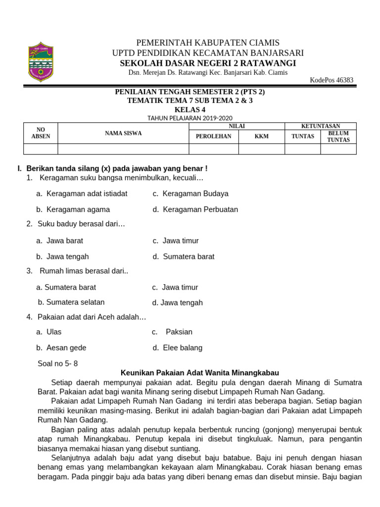 SOAL Kelas 4 PTS TEMA 7 SUB 2 DAN 3 | PDF