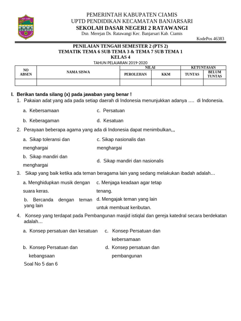 SOAL Kelas 4 PTS TEMA 6 SUB 3 DAN TEMA 7 SUB 1 | PDF