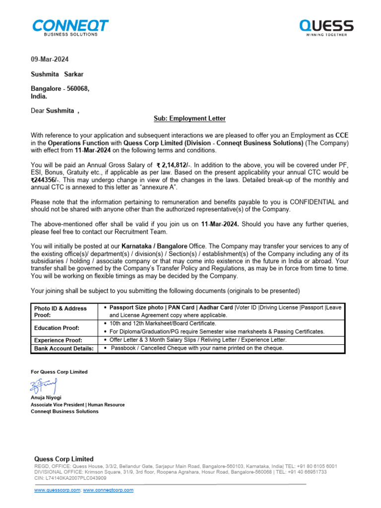 Offer Sushmita Sarkar | PDF | Salary | Employment