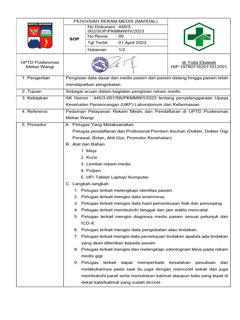 SOP PENGISIAN REKAM MEDIS (MANUAL) | PDF