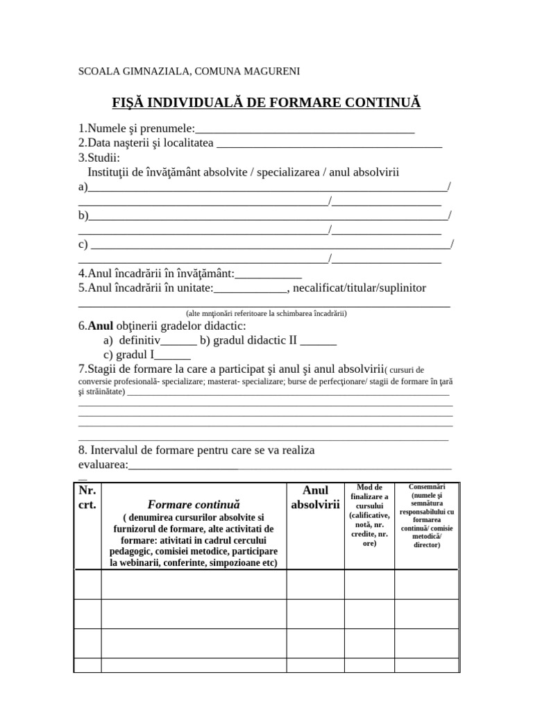 Fisa Individuala de Formare Continua de Completat | PDF