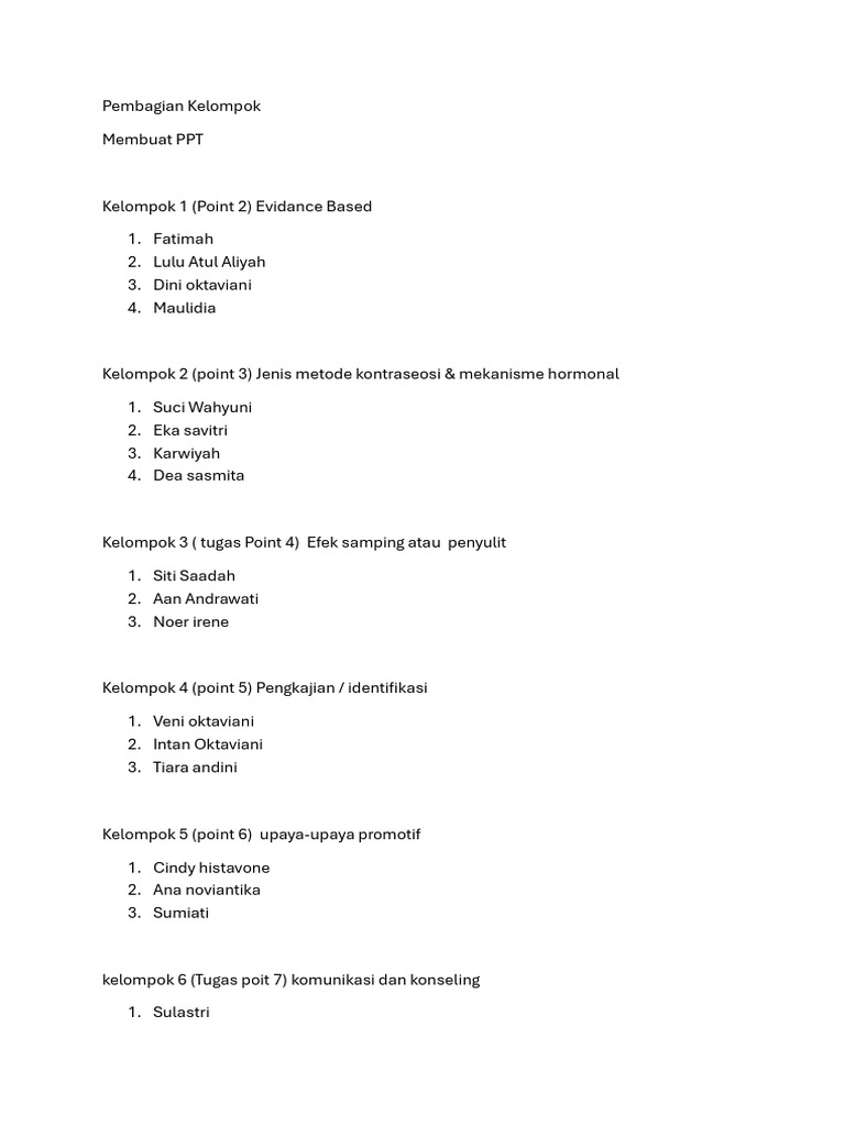 Pembagian Kelompok Matkul Pelayanan KB (Ibu Rahmadyanti) | PDF