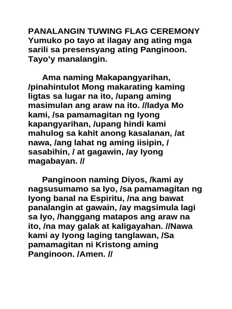 Panalangin Tuwing Flag Ceremony | PDF | Philippines | Wellness