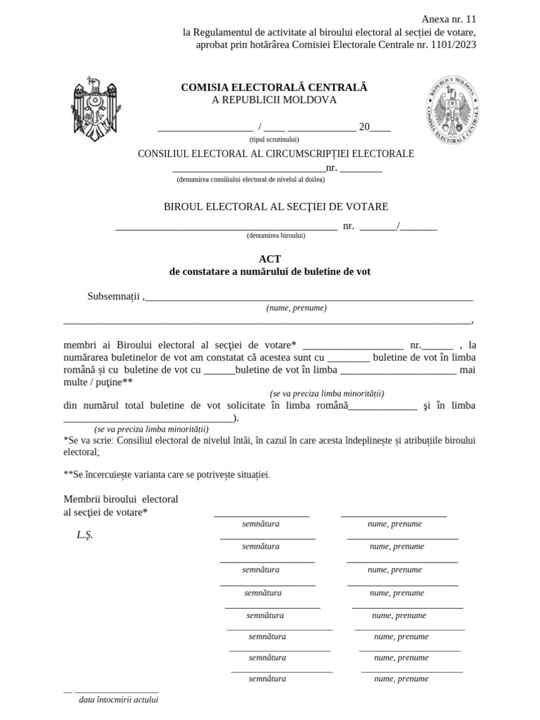 Anexa NR - 11 - Model Act de Constatare A Numărului Buletinelor de Vot | PDF