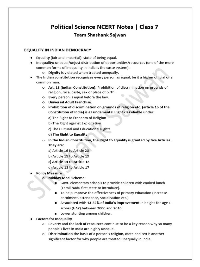 Political Science NCERT Notes - Class 7: Team Shashank Sajwan | PDF