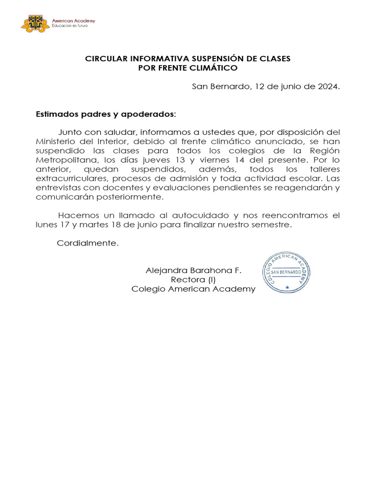 Comunicado Suspension de Clases Apoderados | PDF